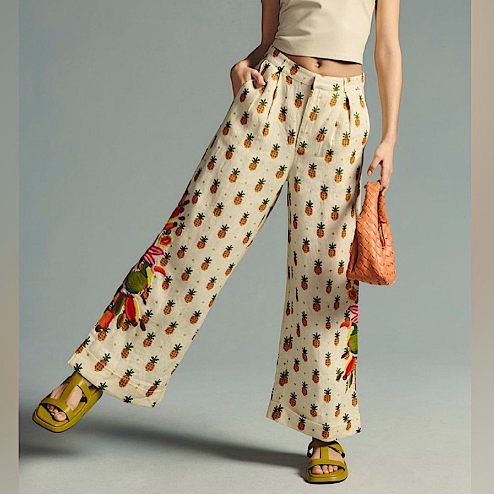 Farm Rio “Embroidered Pineapple” Wide Leg Pants - Gem